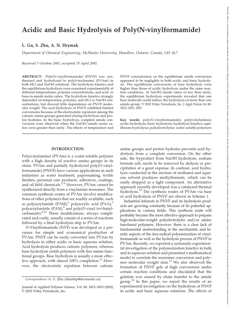 J of Applied Polymer Sci - 2002 - Gu - Acidic and Basic Hydrolysis of Poly N Vinylformamide ...