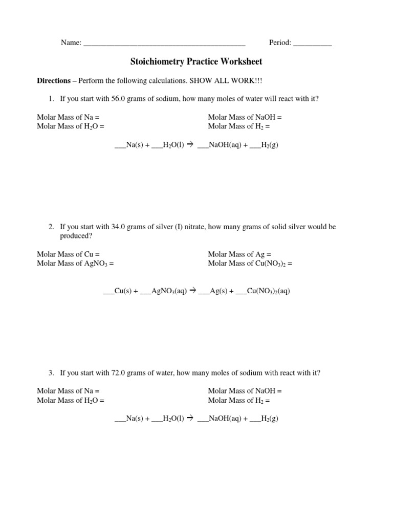 Stoichiometry Worksheet | PDF | Science & Mathematics