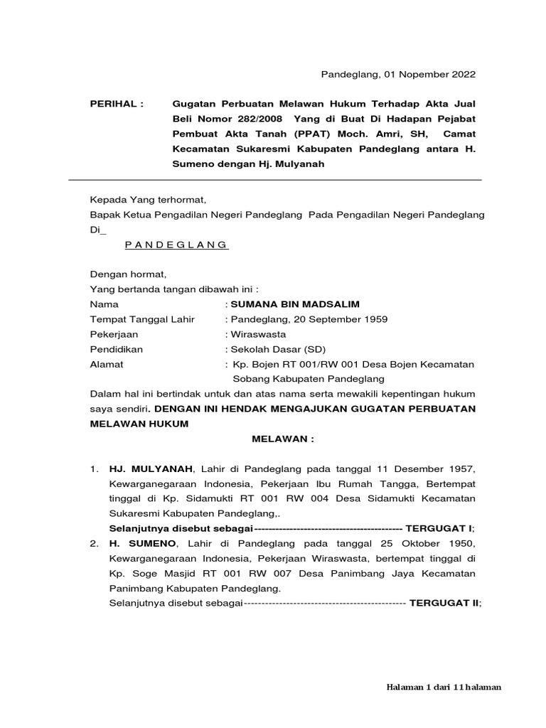 Gugatan TANAH BUKTI KWITANSI Sumana | PDF
