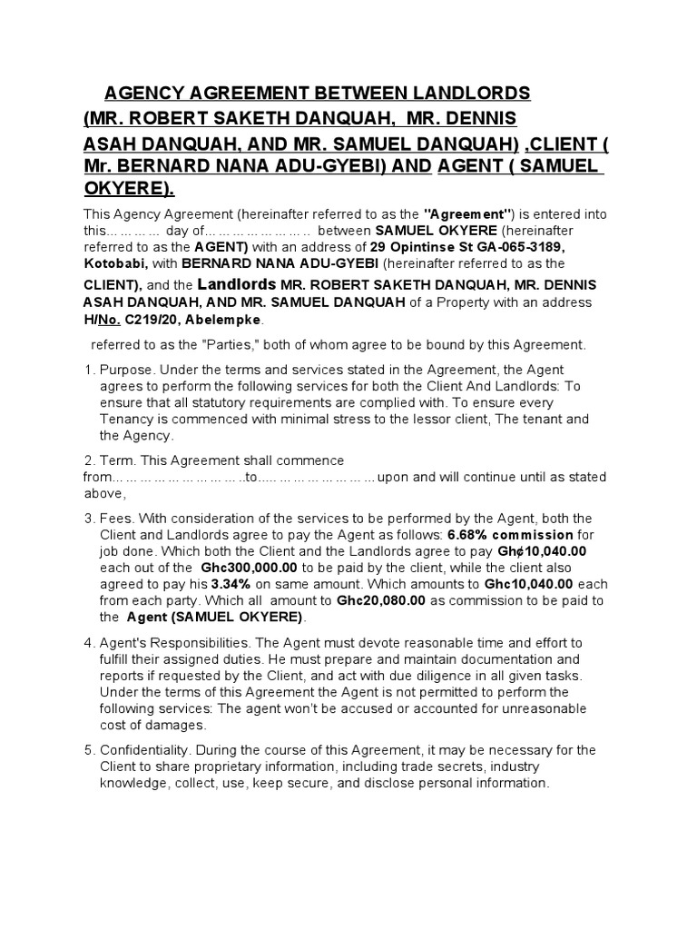 Agency Agreement | PDF | Landlord | Leasehold Estate