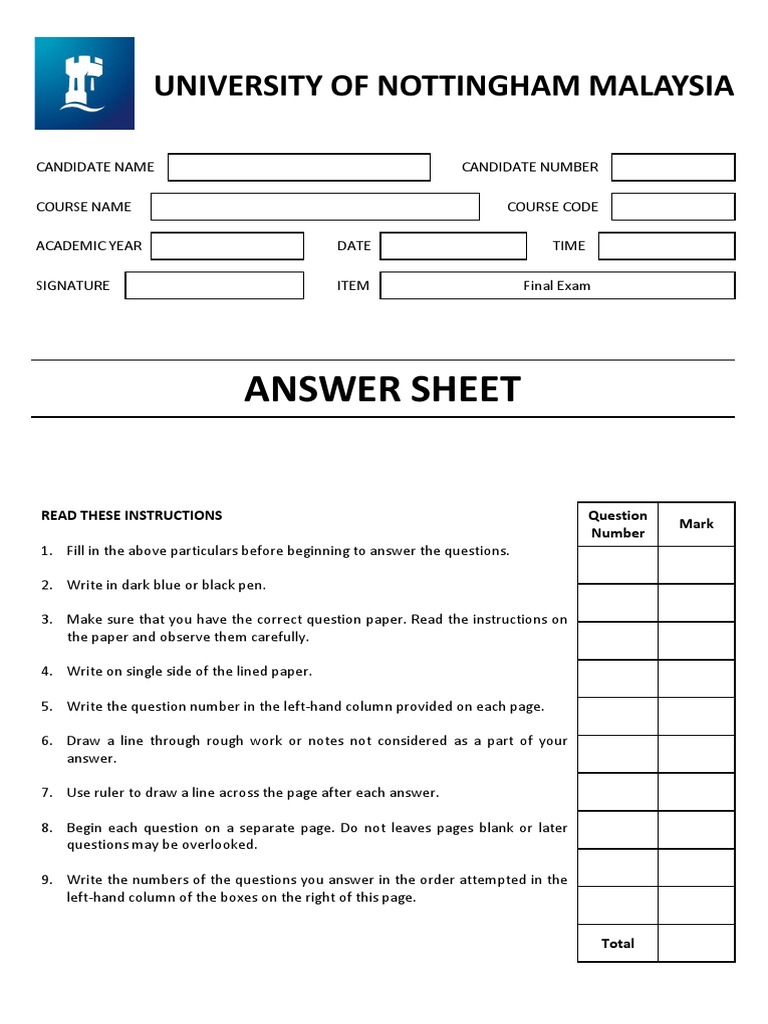 Exam Answer Sheet (Cover Page) | PDF