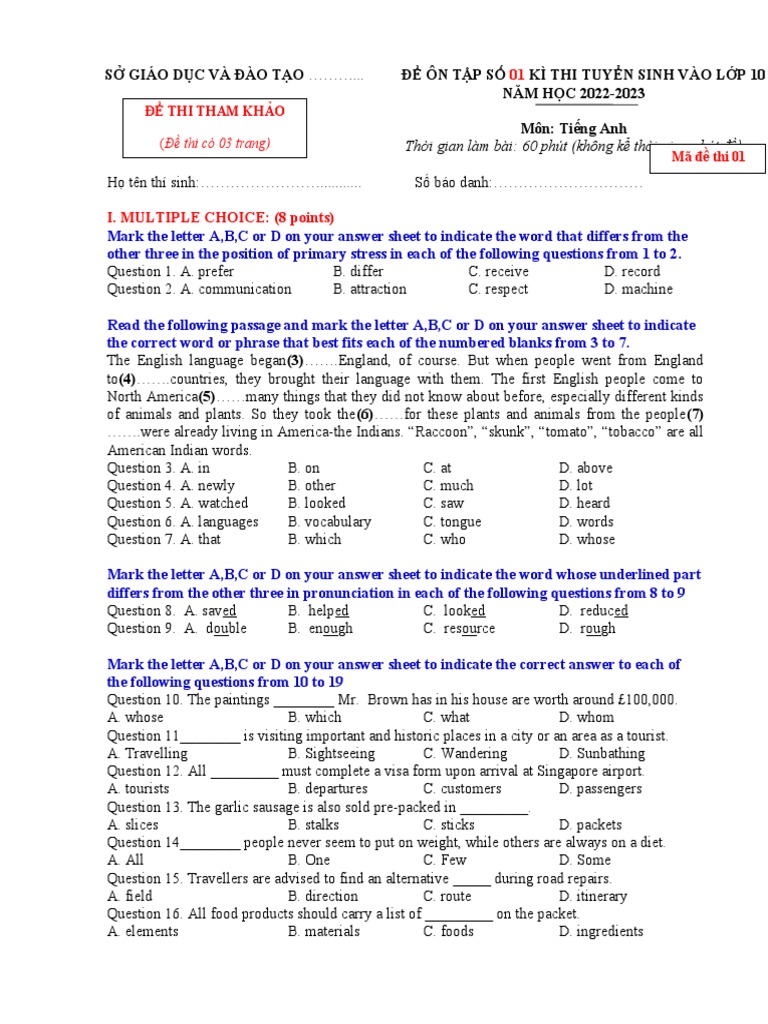 English Exam Prep for Grade 10 Entrance | PDF | Test (Assessment) | Meal