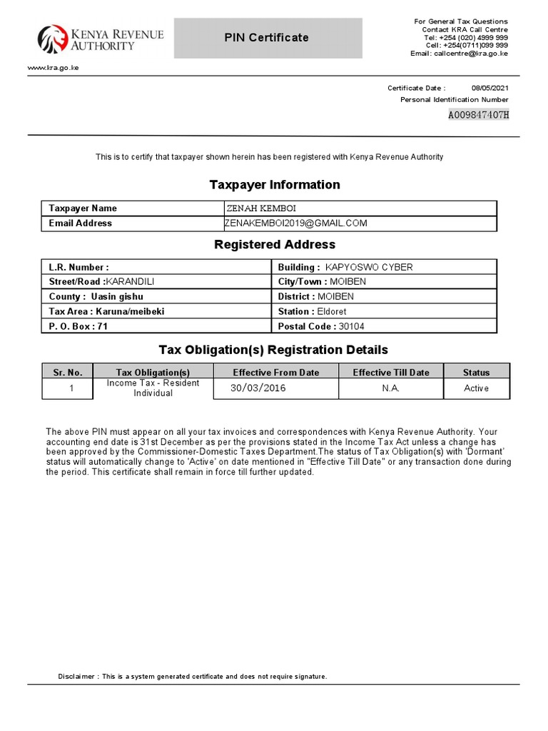 Kenya Revenue Authority PIN Certificate | PDF | Taxes | Taxation