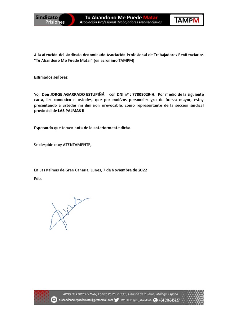 Renuncia como Delegado Sindical | PDF