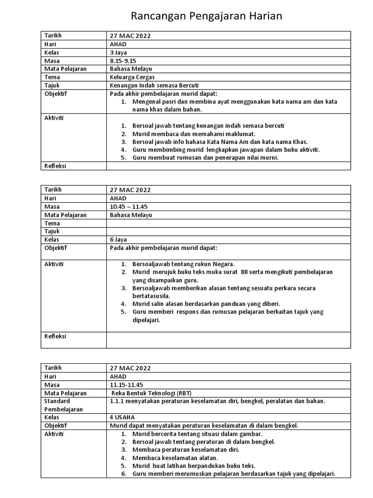 Rancangan Pengajaran Harian | PDF