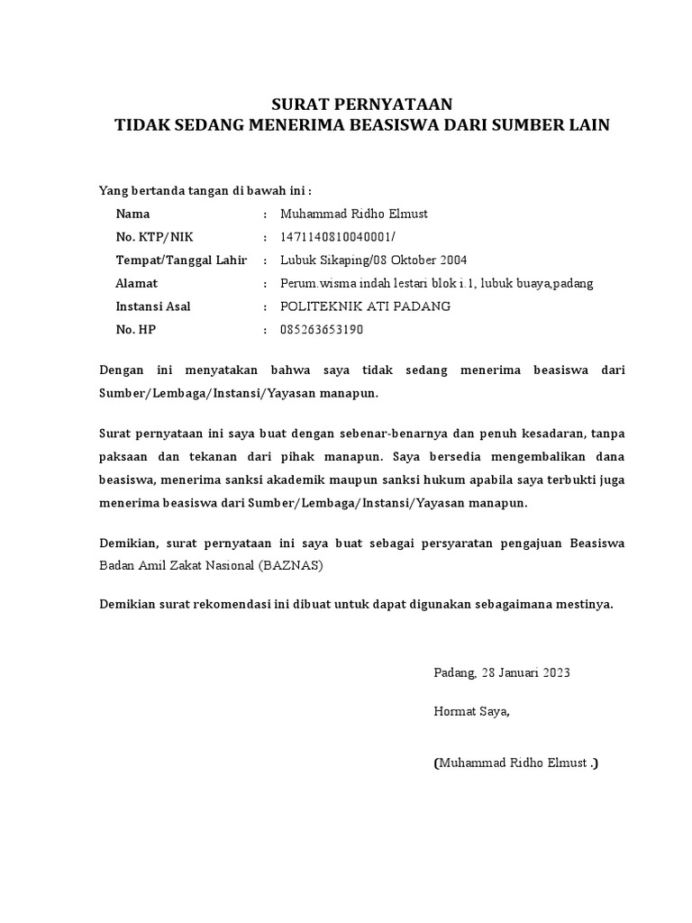 CONTOH Surat Pernyataan Tidak Sedang Menerima Beasiswa Lain | PDF
