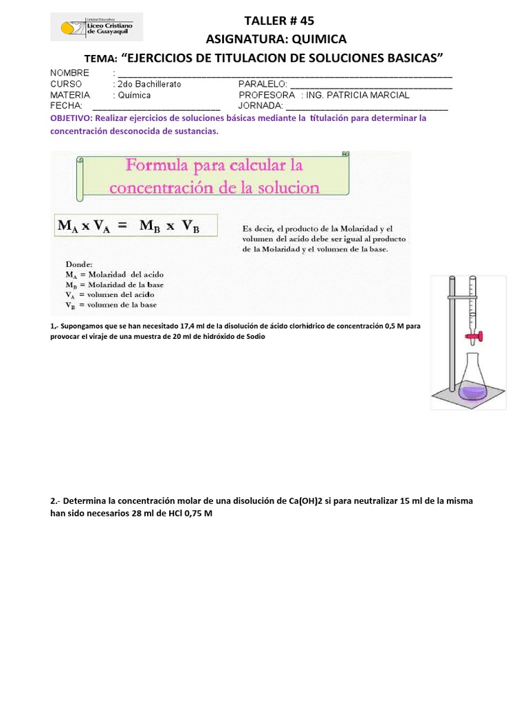 Taller 45 Titulacion de Soluciones Acidas y Basicas Ejercicios | PDF