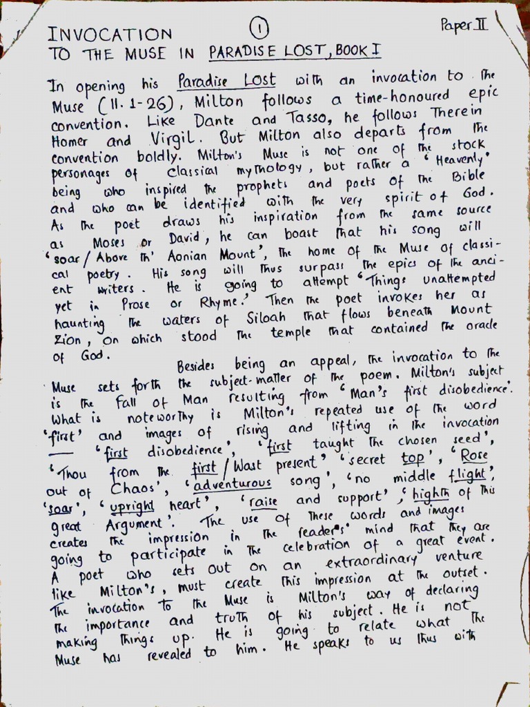 Invocation To The Muse in Paradise Lost, Book 1 | PDF