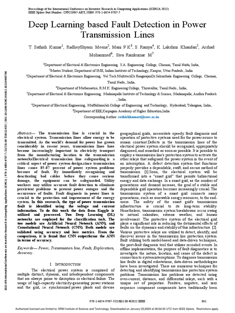 Deep Learning Based Fault Detection In Power Transmission Lines Pdf