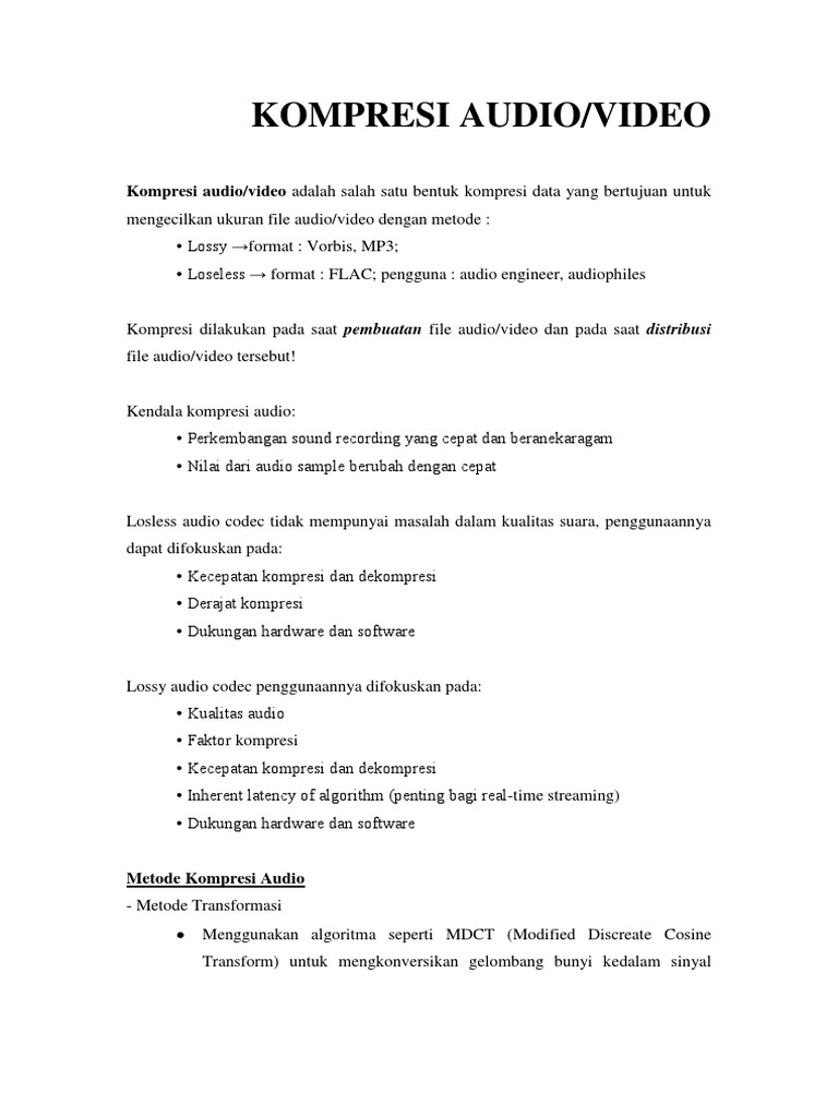 KOMPRESI AUDIO DAN VIDEO: TEKNIK DAN ALGORITMA UTAMA | PDF