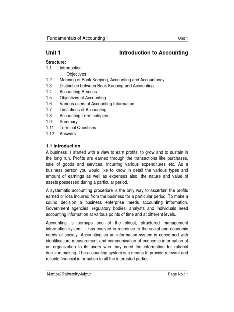 Unit 1 - Introduction To Accounting | PDF | Debits And Credits | Accounting