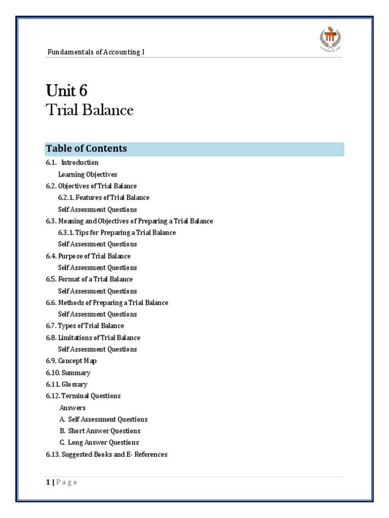 Unit 6 - Trial Balance | PDF | Debits And Credits | Business Economics