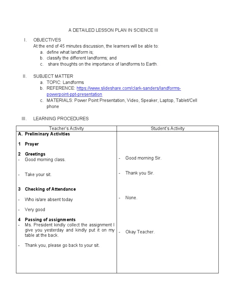 Grade 3 Landforms Lesson Plan | PDF | Lesson Plan | River