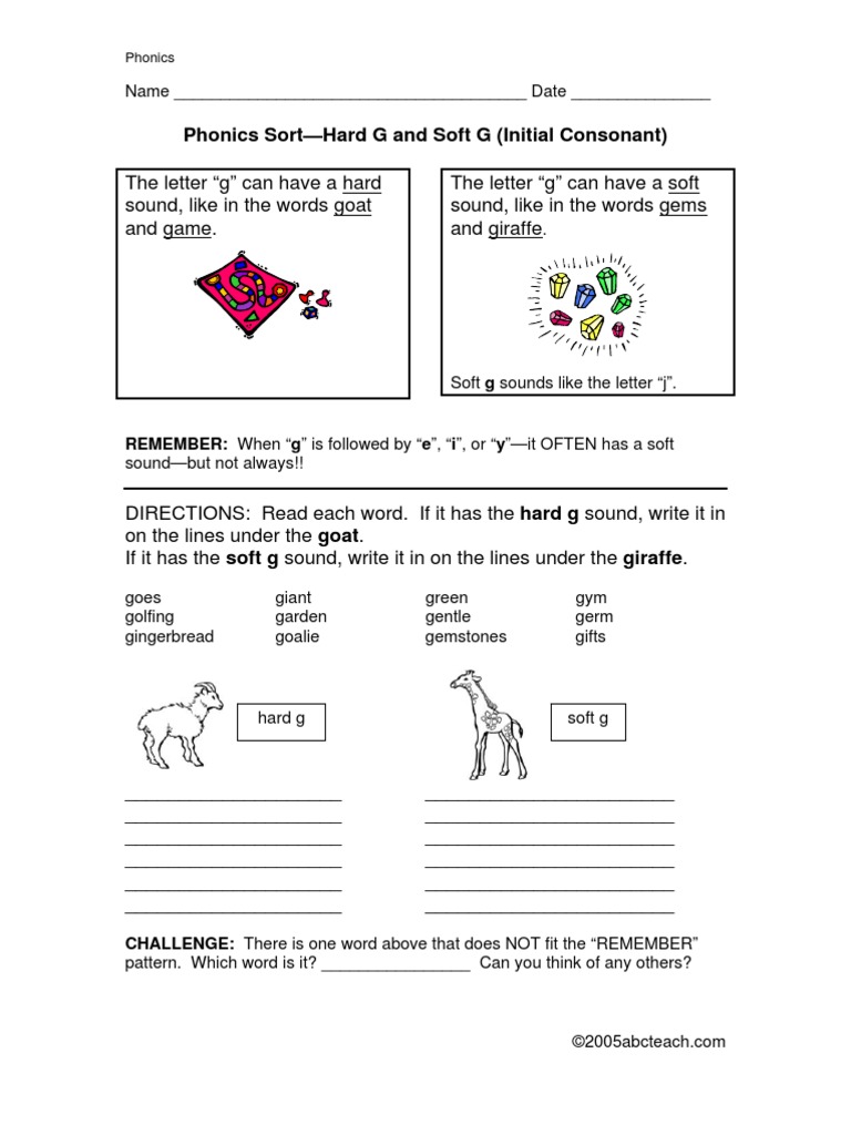 Phonics Sort-Hard G and Soft G (Initial Consonant) | PDF