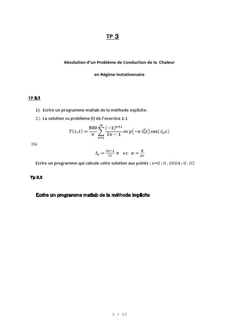 TP Conduction Chaleur : Méthodes MATLAB | PDF | Physique appliquée et ...