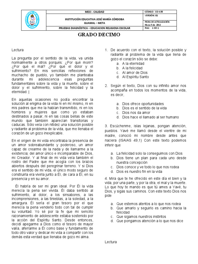 Prueba Diagnostica Religion Decimo | PDF | Amor | Dios
