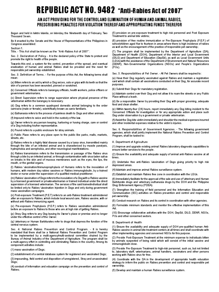 RA 9482 - Anti Rabies Act of 2007 | PDF | Rabies | Vaccination