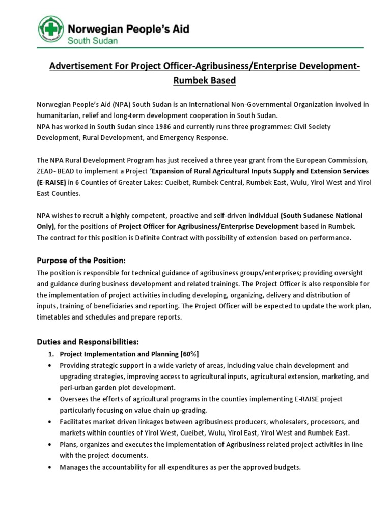 Advertisement For Project Officer Agribusiness and Enterprise ...
