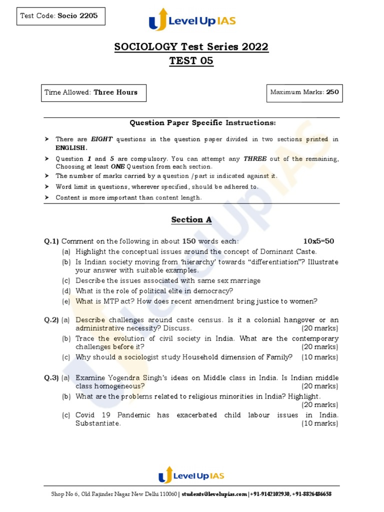 Sociology Test 2205 QP | PDF | Sociology | Caste