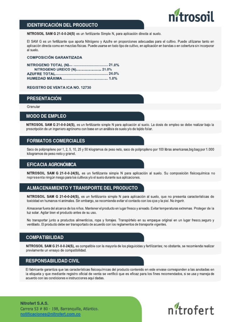 Ficha Técnica de Nitrosol SAM 21-0-0-24(S) | PDF