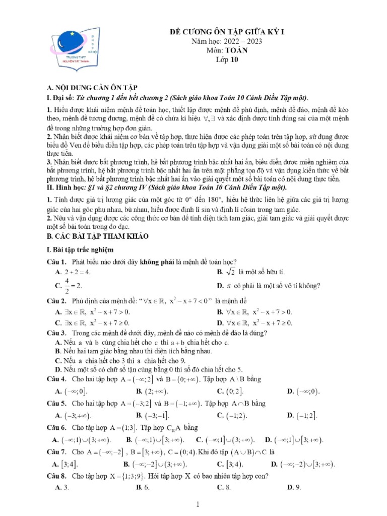 De Cuong Giua Ky 1 Toan 10 Nam 2022 2023 THPT Nguyen Tat Thanh Ha Noi | PDF