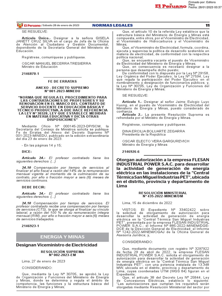 Fe de Errata Anexo Ds N 001 2023 Minedu 2146923 1 | PDF | Ministerio (Departamento de Gobierno ...