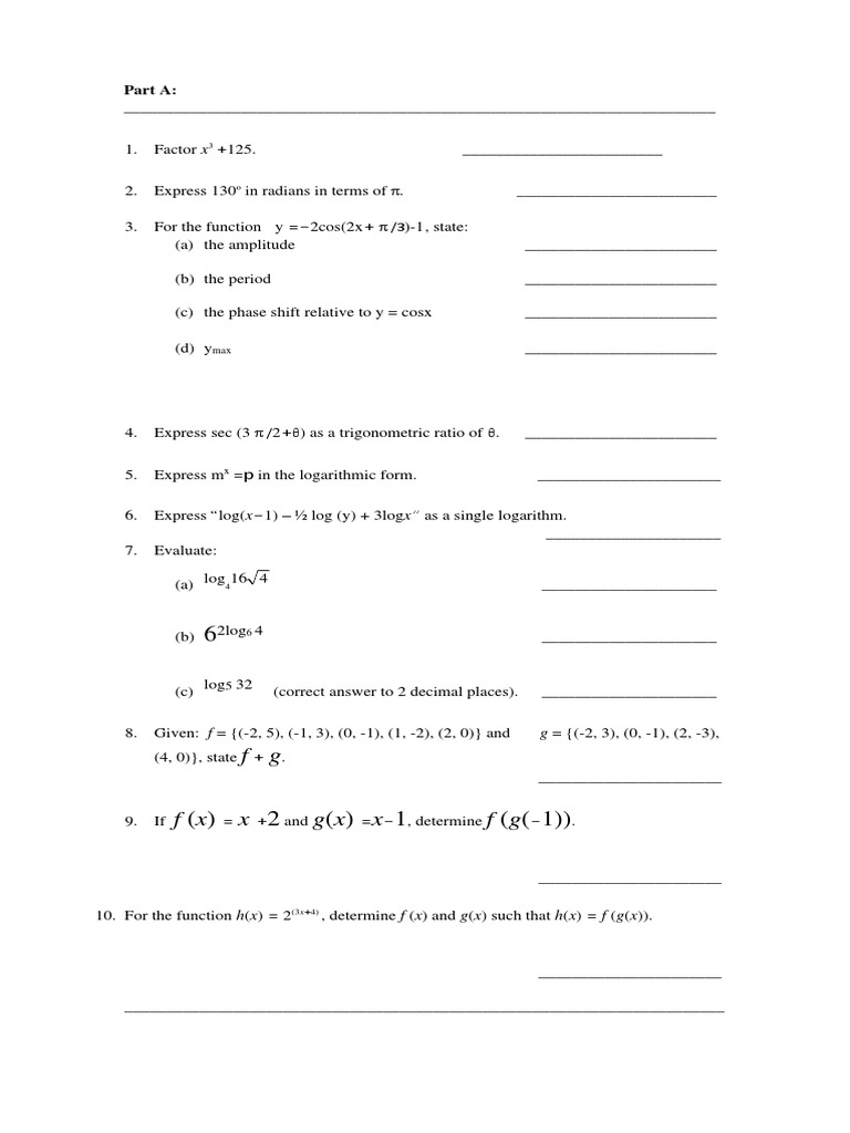 Final Exam Advanced Functions 12 | PDF | Function (Mathematics) | Velocity