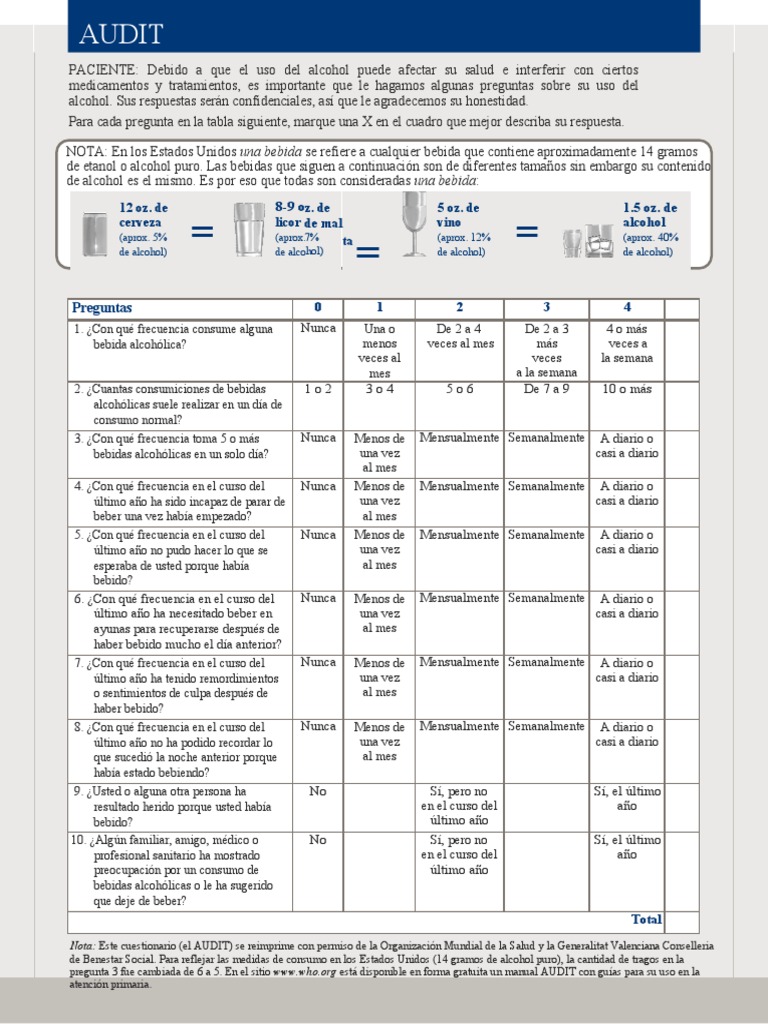 Cuestionario Audit. | PDF | Etanol | Bebidas alcohólicas