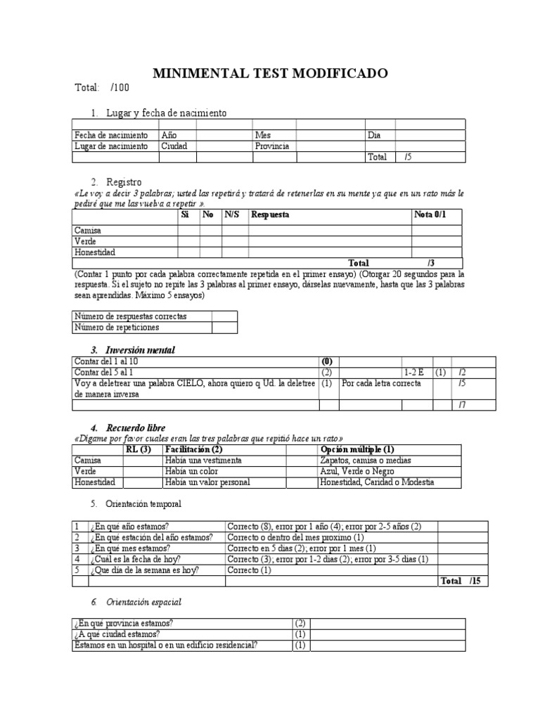 Mini Mental Test Modificado 3ms | PDF