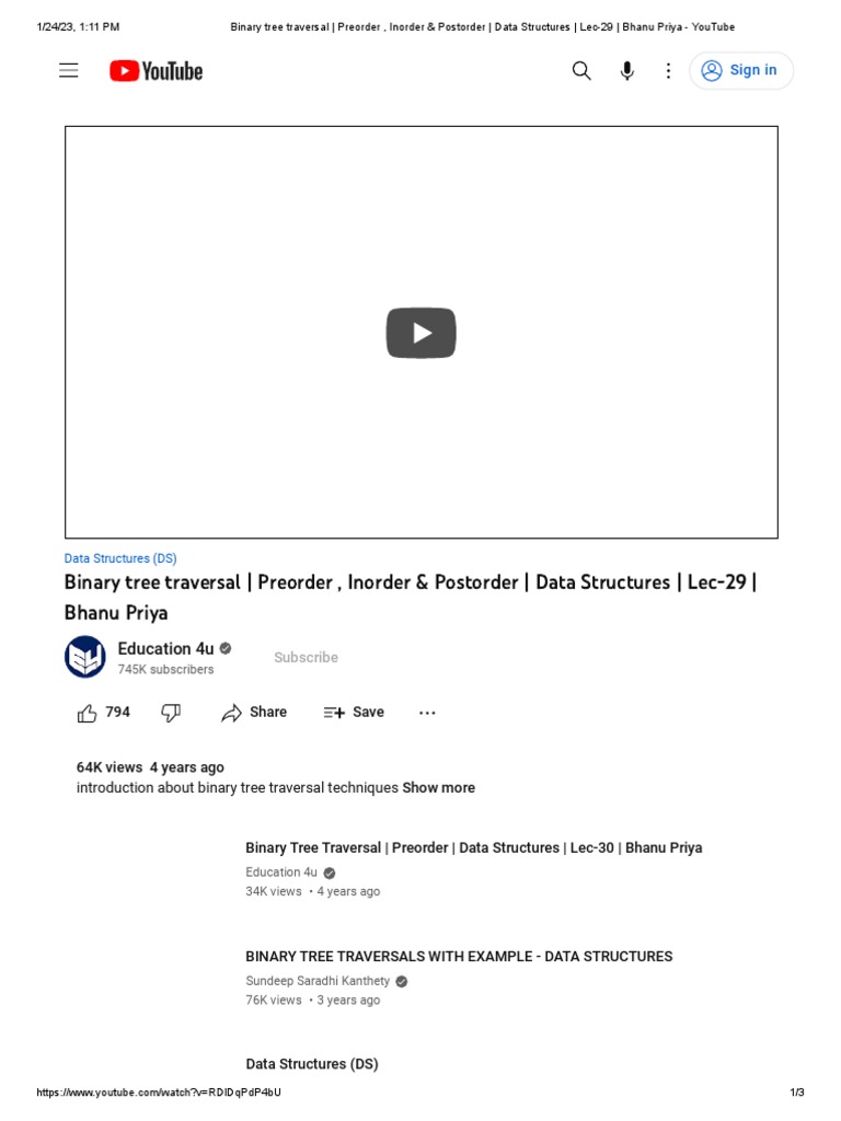 Binary Tree Traversal Preorder Inorder And Postorder Data Structures Lec 29 Bhanu Priya