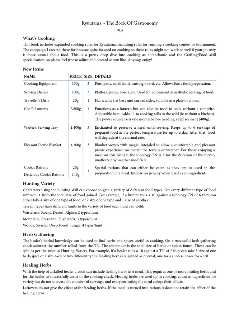 Ryuutama - The Book of Gastronomy - v0.4 | PDF | Foods | Taste