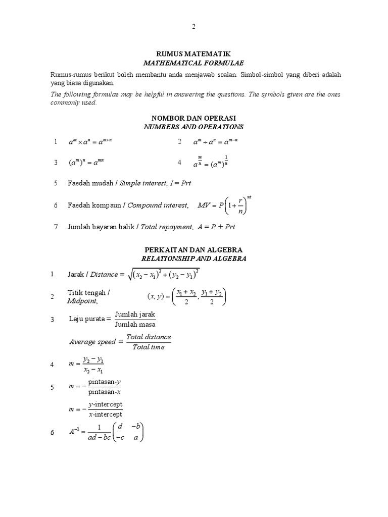 Mathematical Formulas for SPM Exam | PDF | Area | Geometry