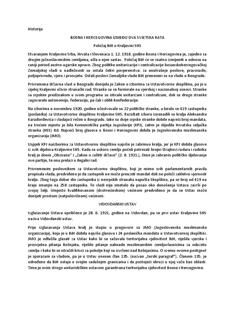 Bih Između Dva Svjetska Rata - Položaj Bih | PDF