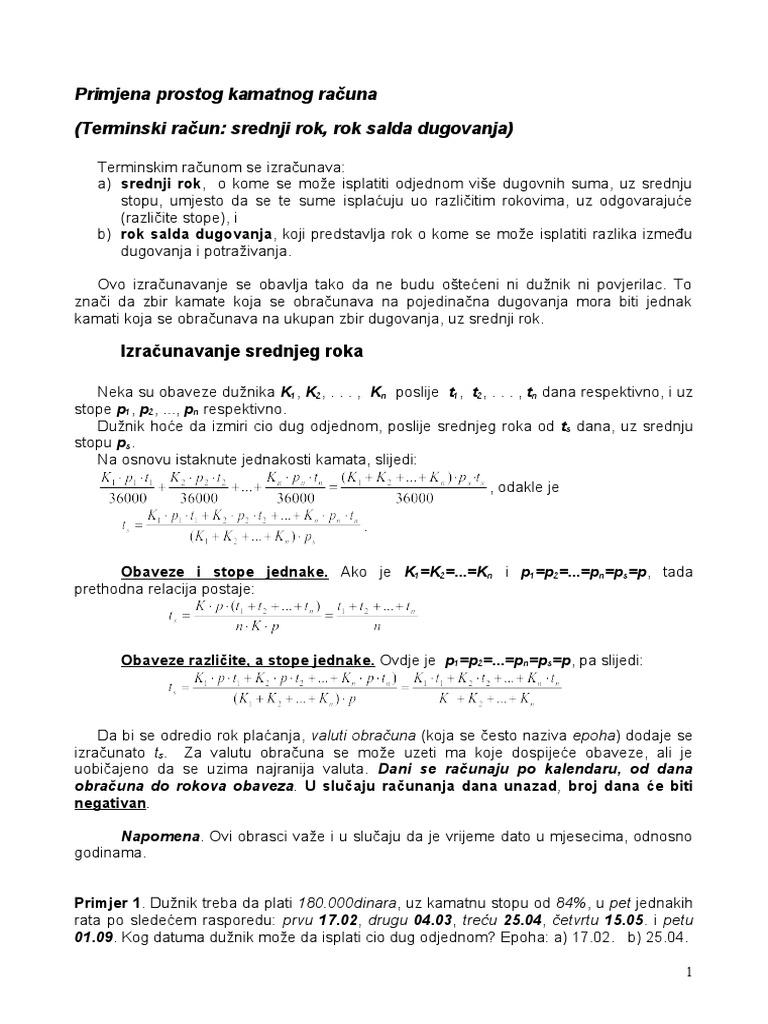 Prost Kamatni Racun Primjena Srednji Rok I Rok Salda Dugovanja | PDF