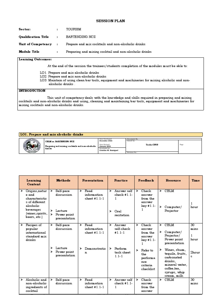 Session Plan | PDF | Drink | Cocktails