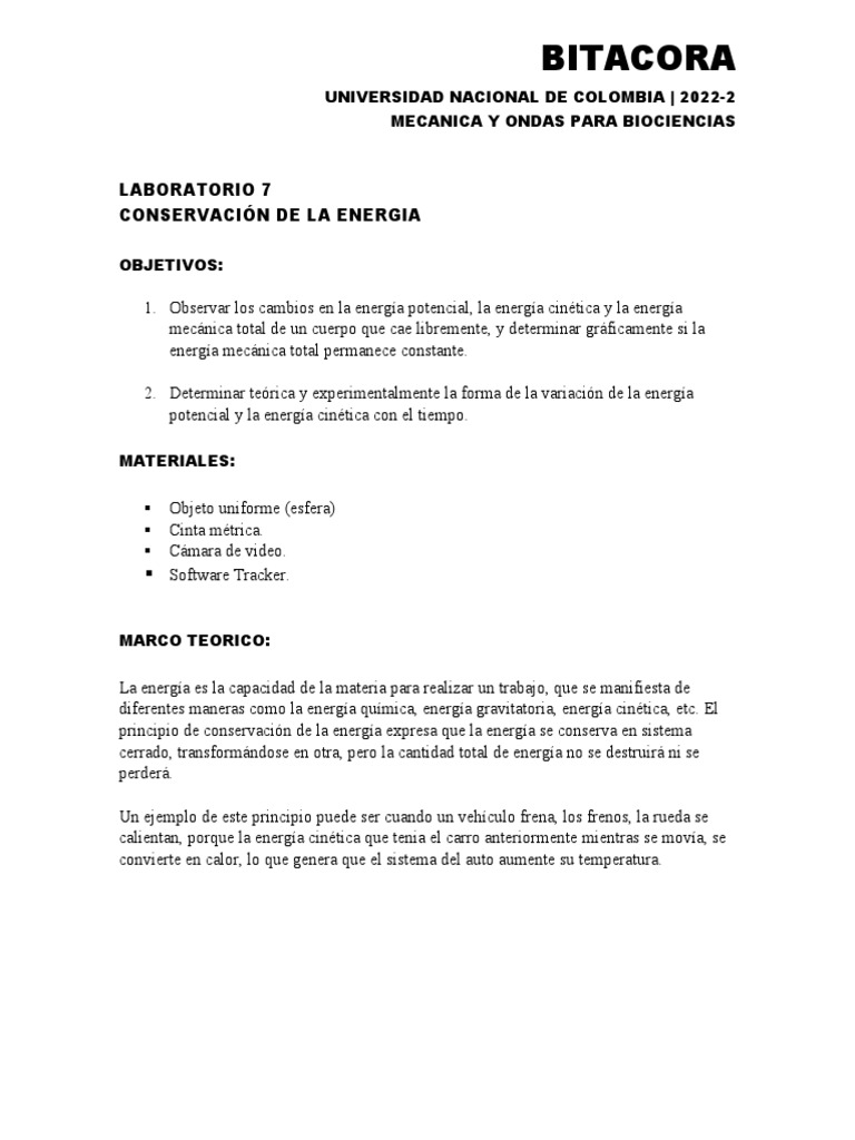 Formato de Bitacora de Laboratorios 7 | PDF | Medición | Energía potencial