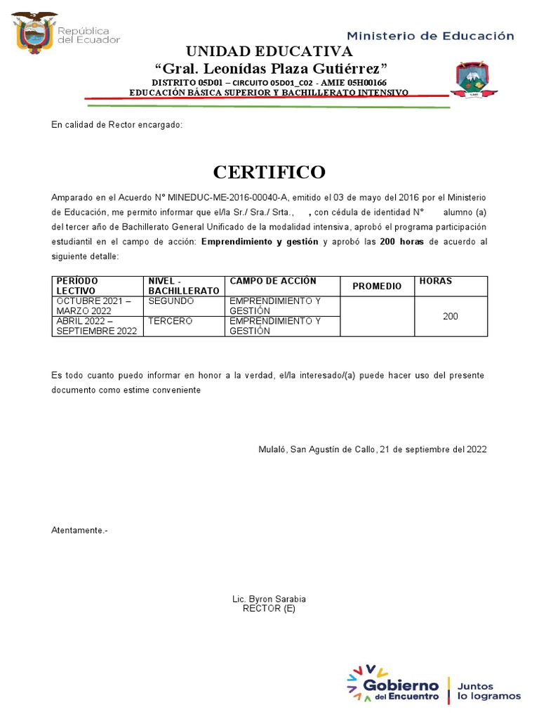 Certificado Participacion Estudiantil | PDF