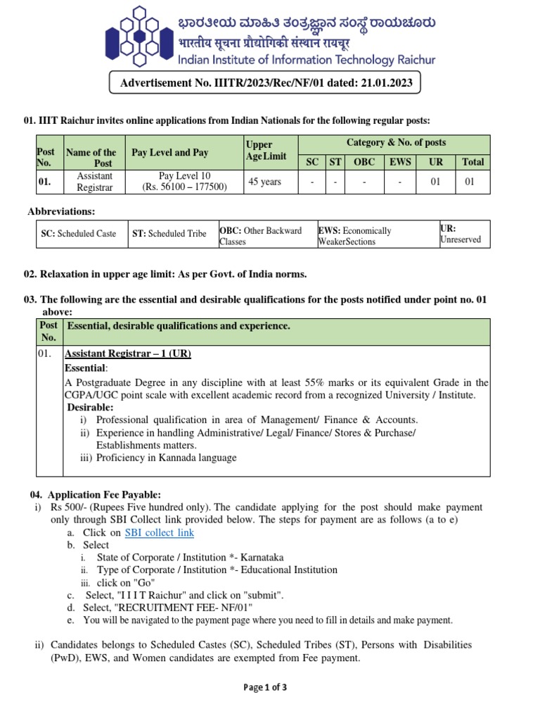 IIIT Raichur Assistant Registrar Notification | PDF | Recruitment | Justice