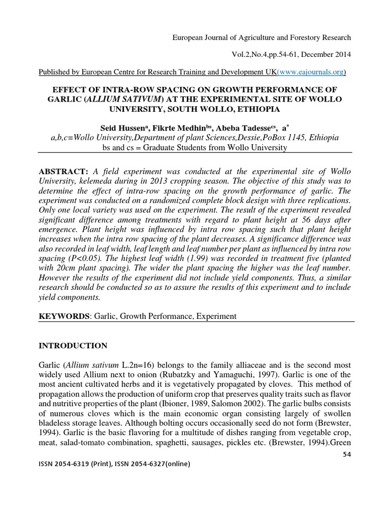 Effect of Intra Row Spacing On Growth Performance of Garlic Allium ...