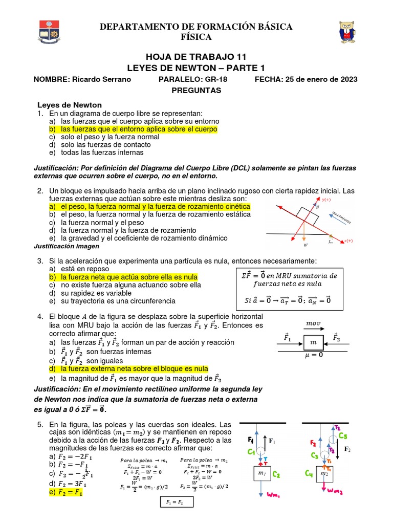 Hoja de Trabajo 11 - Leyes de Newton - Parte 1 - Serrano Ricardo GR18 | PDF | Fuerza | Las leyes ...