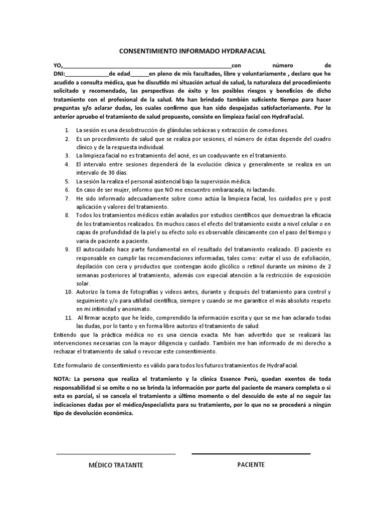 Consentimiento Informado Hydrafacial | PDF | Medicina CLINICA | Medicina