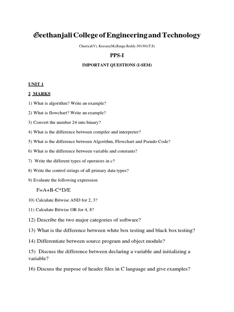 Pps I Questions Bank 2020 Pdf Pointer Computer Programming Array Data Structure