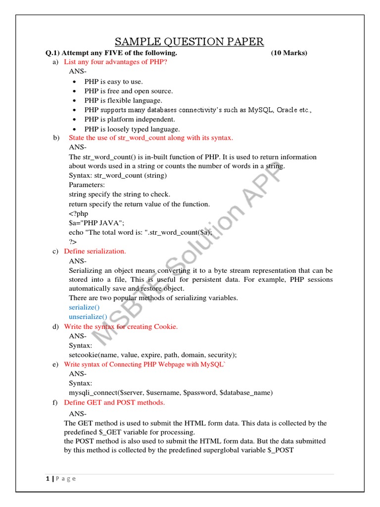 PHP Sample Question Paper with Answers | PDF | Php | World Wide Web