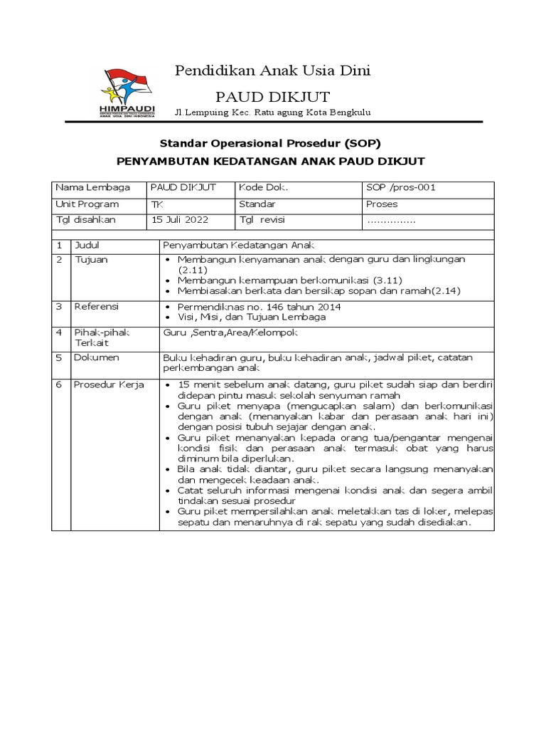 SOP Penyambutan Anak PAUD Merdeka | PDF | Kesehatan Holistik