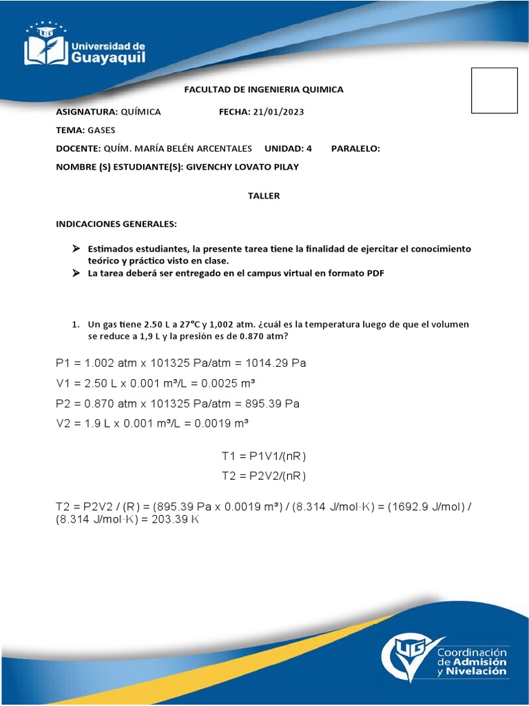 Ejercicios de Gases en Química | PDF | Métodos y materiales de enseñanza | Ciencia y matemáticas