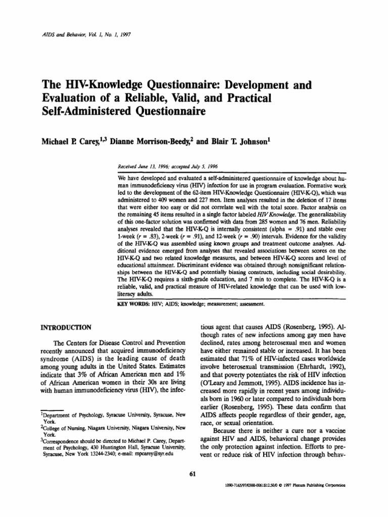 The HIV-Knowledge Questionnaire: Development and Evaluation of A ...