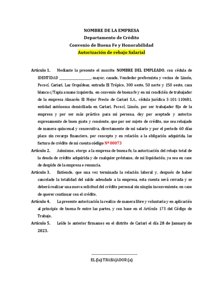 Machote de Convenio de Buena Fe y Honorabilidad | PDF