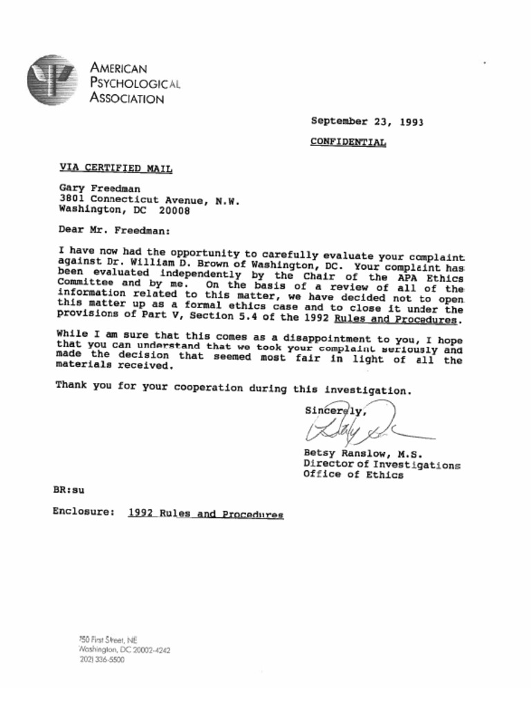 APA Ethics Complaint Re William D. Brown, Ph.D. | PDF | Psychotherapy ...