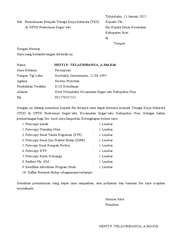 Surat Permohononan TKS Hesti | PDF