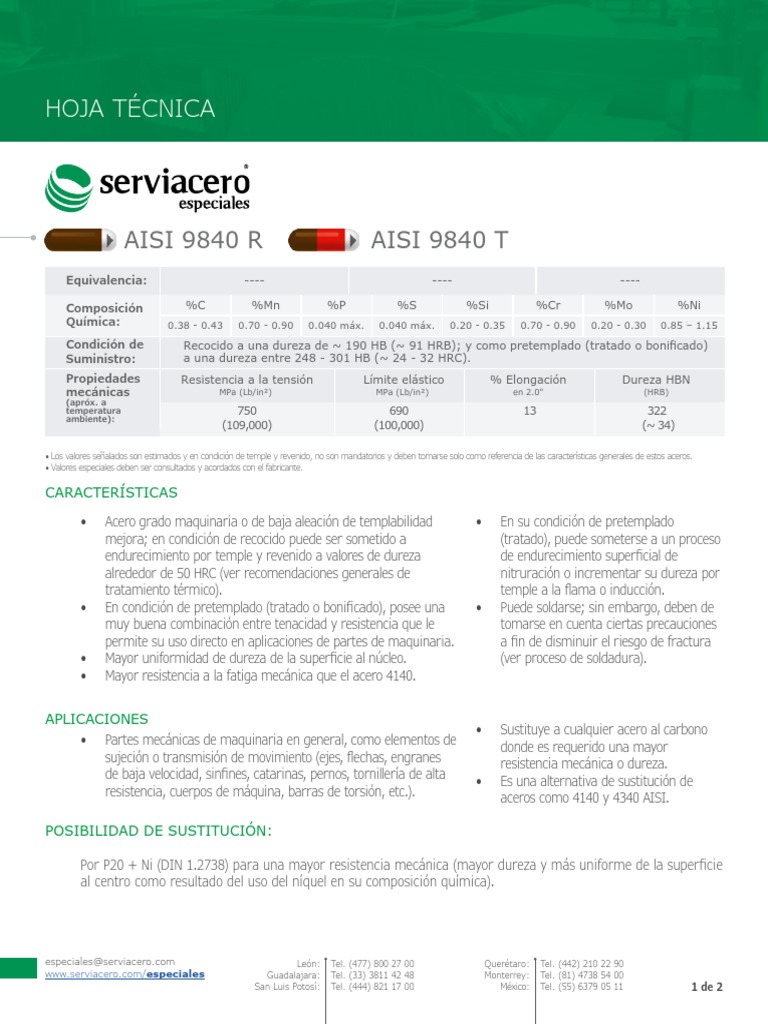 Hoja Técnica: AISI 9840 R AISI 9840 T | PDF | Tratamiento a base de ...